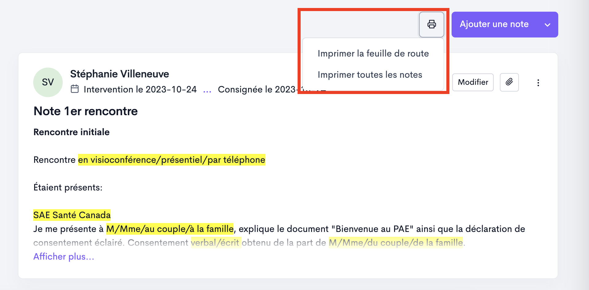 Est-il possible d'imprimer les notes contenues dans un dossier?